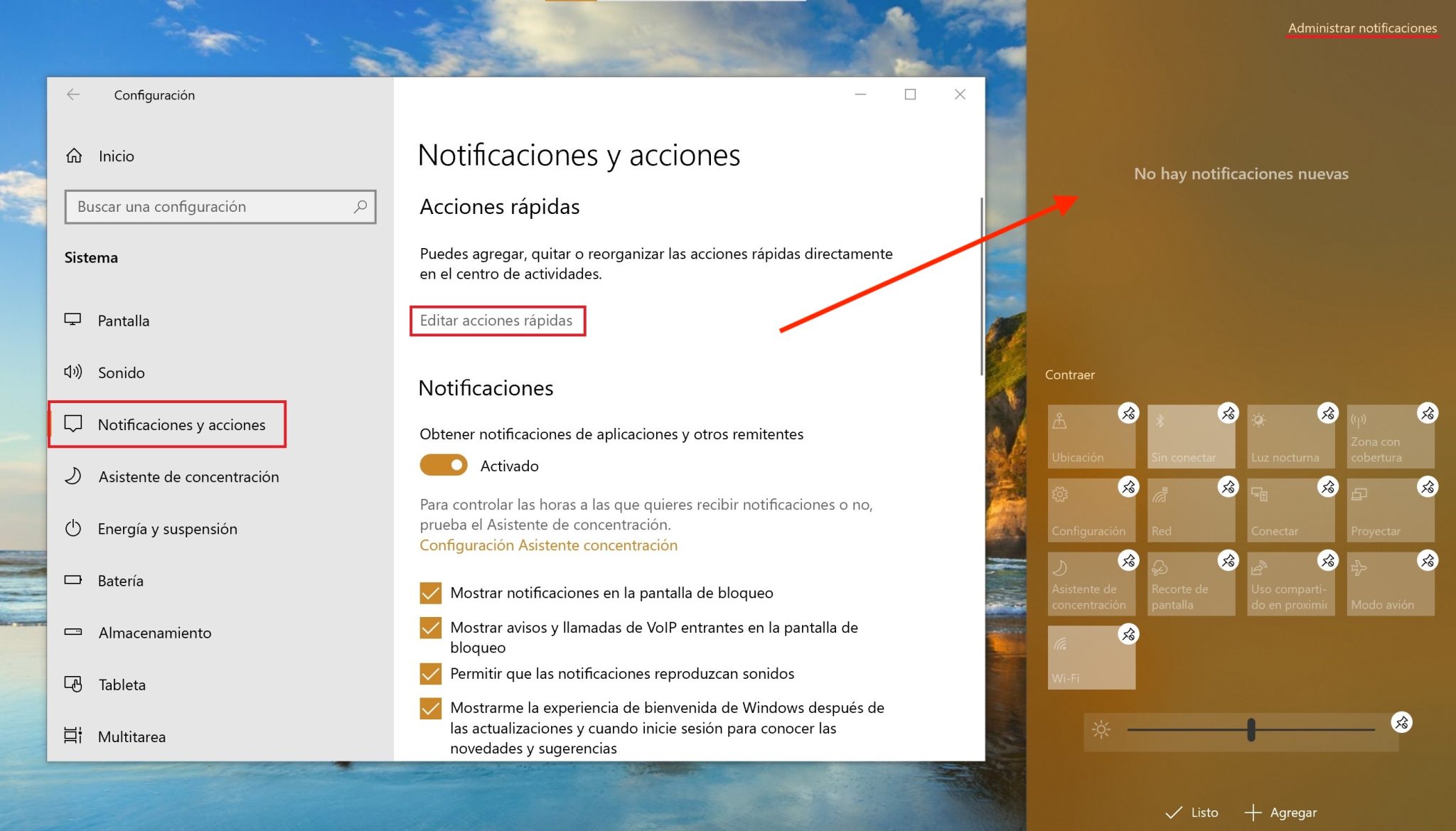 Cómo configurar las Acciones rápidas en el Centro de notificaciones de Windows 10 - WinNotas
