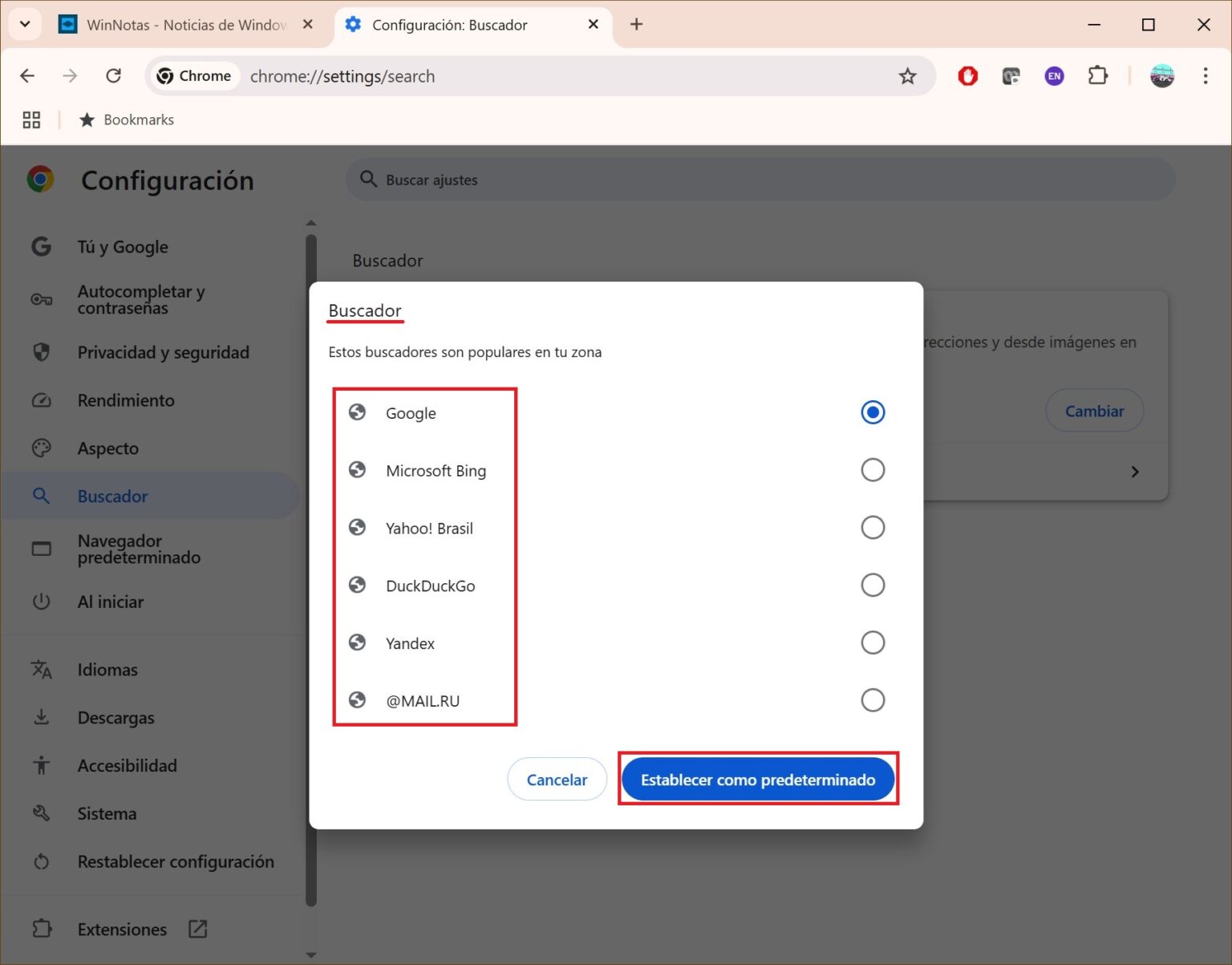 Cómo cambiar un motor de búsqueda en Google Chrome - WinNotas